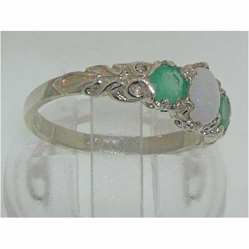 LetsBuyGold 925 Sterling Silver Real Genuine Opal and Emerald Womens Band Ring - Size 7