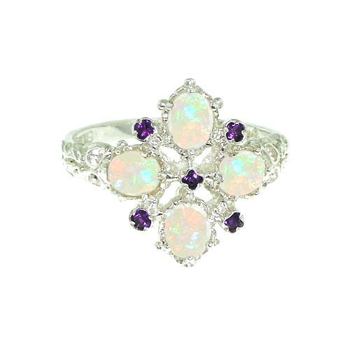 Sterling Silver Ladies Amethyst & Opal 9 Stone Ring - Size 10.5