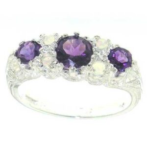 925 sterling silver real genuine amethyst and opal womens promise ring - size 9