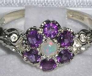 LetsBuyGold 925 Sterling Silver Real Genuine Opal and Amethyst Womens Band Ring - Size 7