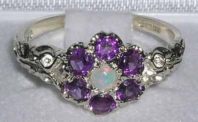 LetsBuyGold 925 Sterling Silver Real Genuine Opal and Amethyst Womens Band Ring - Size 7