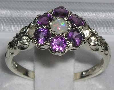 LetsBuyGold 925 Sterling Silver Real Genuine Opal and Amethyst Womens Band Ring - Size 7