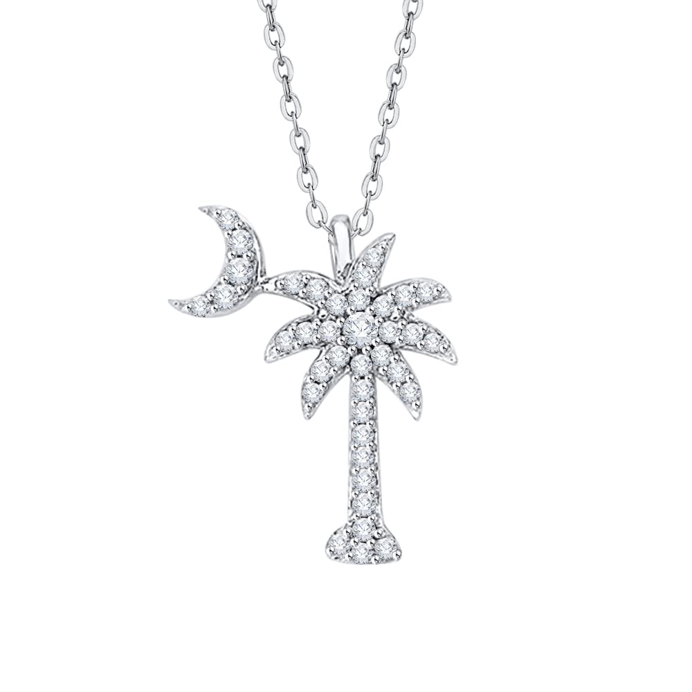 KATARINA Diamond Palm Tree with Crescent Moon Pendant Necklace in 10K White Gold (3/8 cttw, G-H, I2-I3)