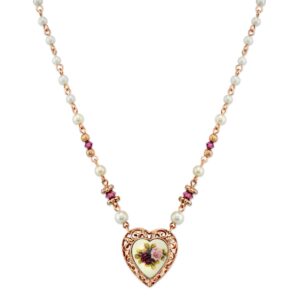 1928 jewelry women's rose gold tone manor house faux pearl purple flower heart pendant necklace 15" + 3" extender