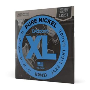 d'addario guitar strings - xl pure nickel electric guitar strings - round wound - warm, bright, vintage sound - epn21 - jazz light, 12-51