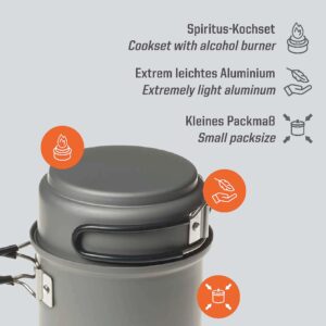 Esbit CS985HA 5-Piece Lightweight Trekking Cook Set with Brass Alcohol Burner Stove and 2 Anodized Aluminum Pots, Grey, 985ml