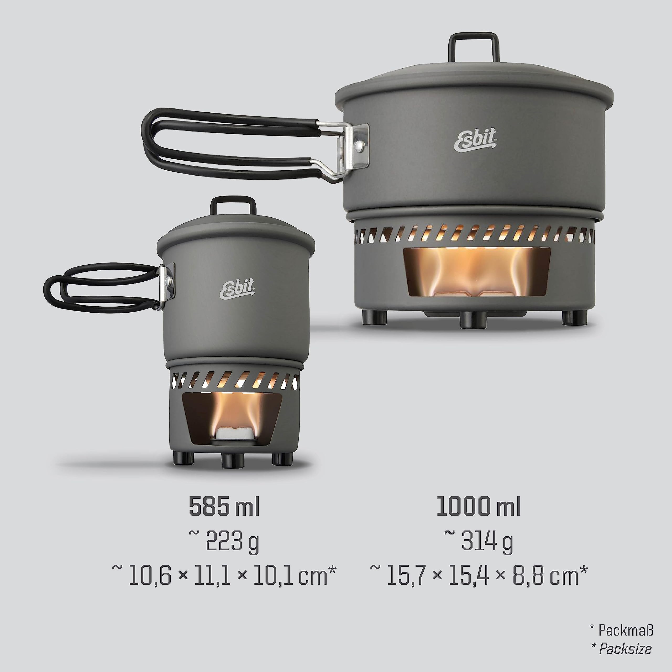 Esbit CS585HA 3-Piece Lightweight Camping Cook Set for Use with Solid Fuel Tablets, Grey, 585ml