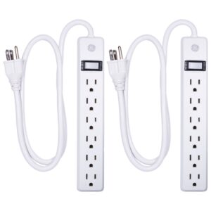 ge 6-outlet surge protector 2 pack, 3 ft extension cord, power strip, 450 joules, on/off switch, integrated circuit breaker, heavy duty, warranty, ul listed, white, 14709