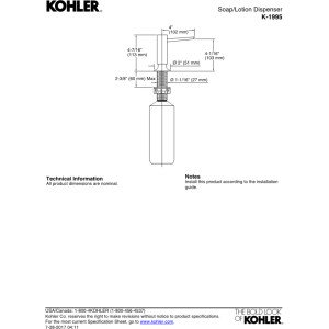 Kohler 468388 1995-CP Soap and Lotion Dispenser, 4.43 x 2.00 x 4.00 inches, Polished Chrome