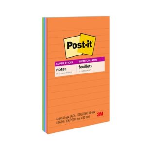 post-it super sticky lined notes, 4 sticky note pads, 4 x 6 in., school supplies, office products, sticky notes for vertical surfaces, monitors, walls and windows, energy boost collection