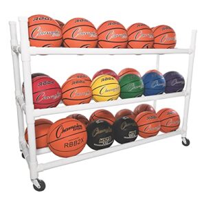 champion sports three tier basketball storage cart with locking swivel caster wheels, 30 ball capacity (white)