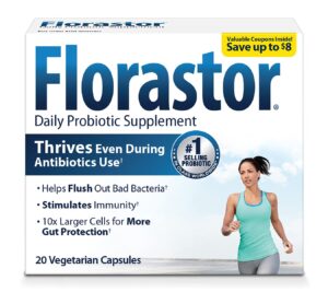 florastor probiotics for digestive & immune health, 20 capsules, probiotics for women & men, dual action helps flush out bad bacteria & boosts the good with our unique strain saccharomyces boulardii