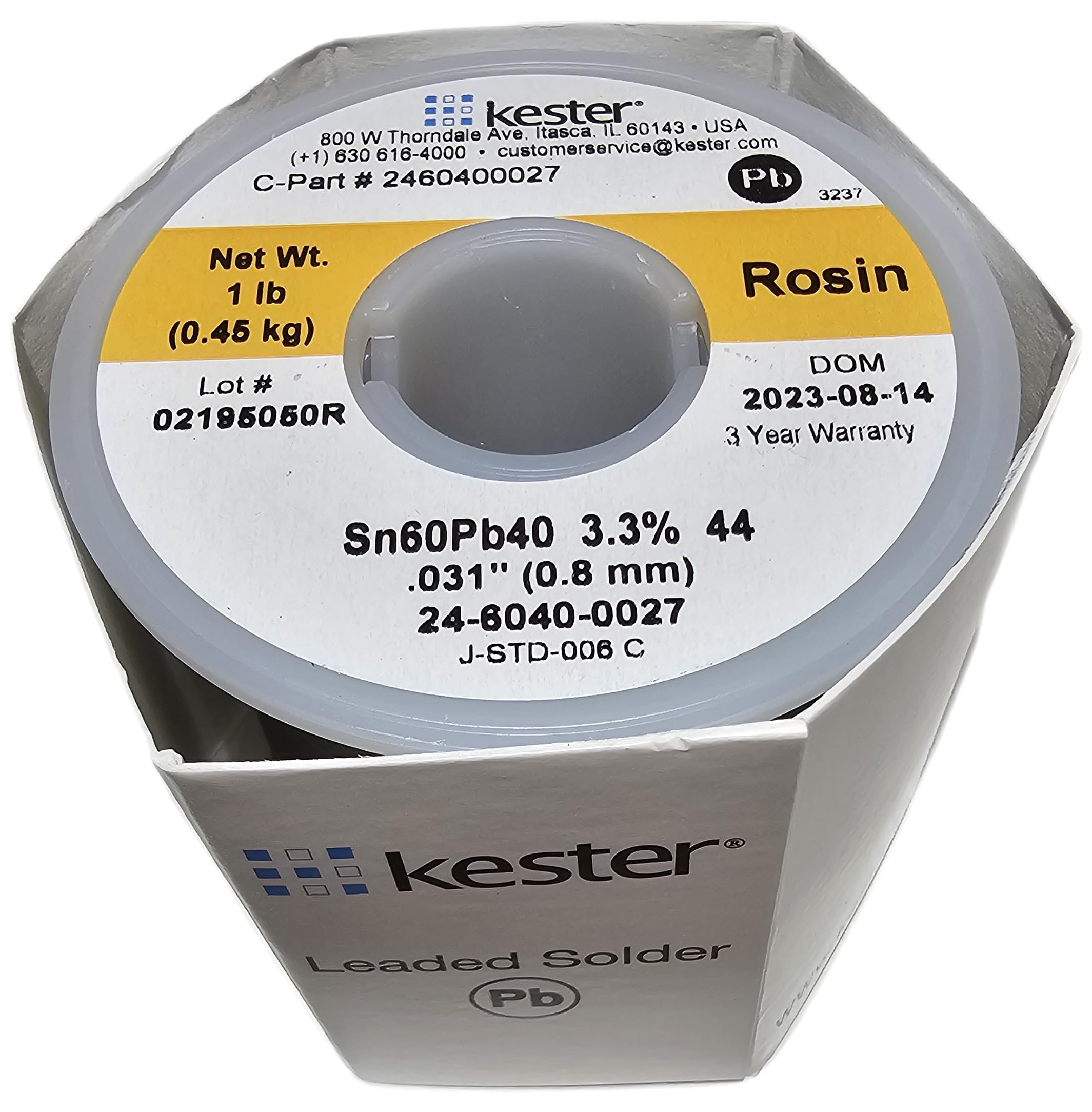 Kester solder 44" Rosin Core #66/44 .8mm 1 lb. Spool