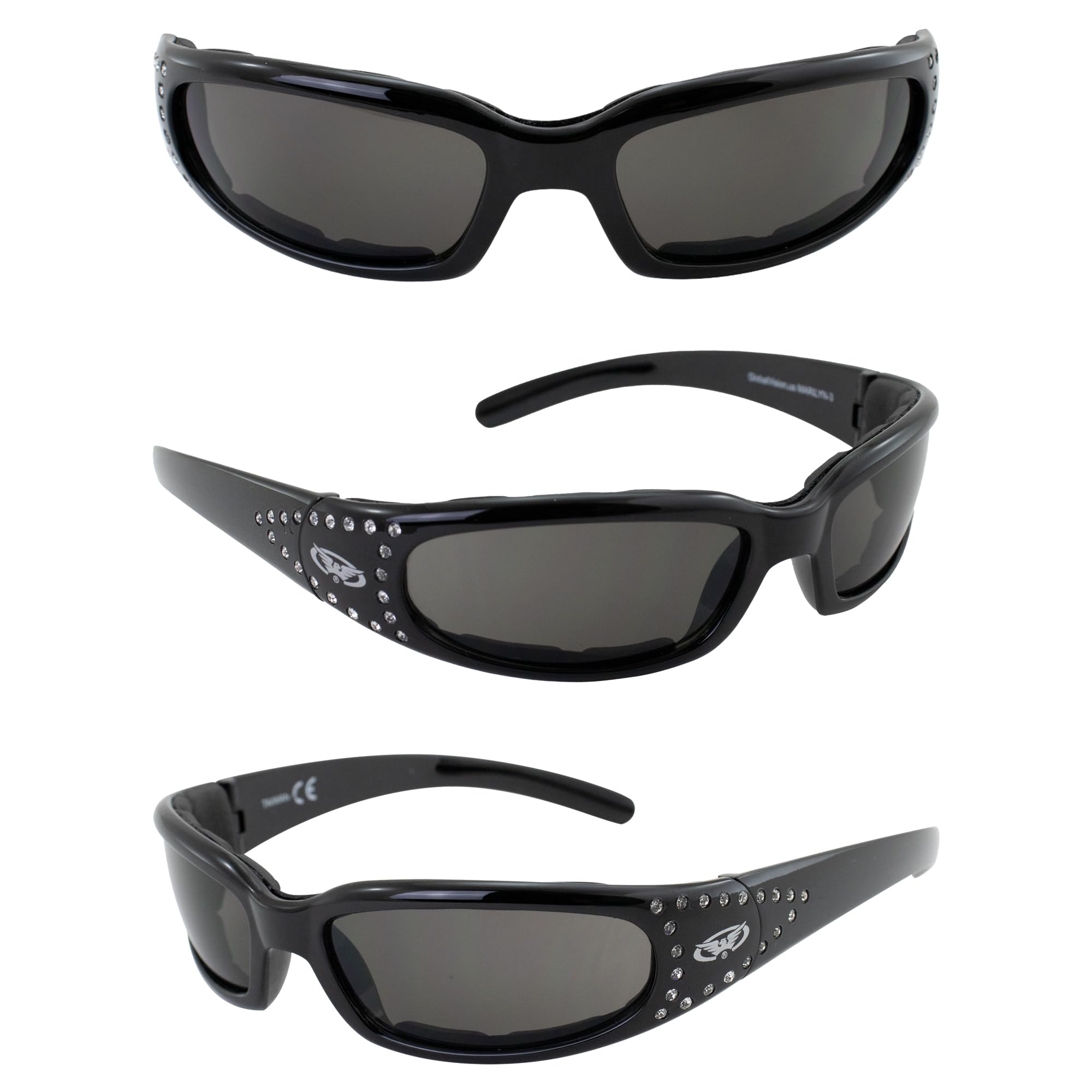 Global Vision Eyewear Marilyn 3 Womens Motorcycle Sunglasses with EVA Foam Padding Bling (Black Frame Smoke Lens)