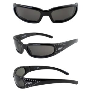 Global Vision Eyewear Marilyn 3 Womens Motorcycle Sunglasses with EVA Foam Padding Bling (Black Frame Smoke Lens)