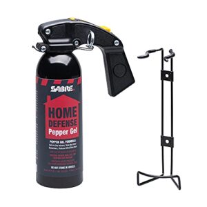 sabre red home defense pepper gel with wall mount for easy access, max strength oc spray, uv marking dye helps identify suspects, full hand grip for more accurate aim, secure pin safety, 32 bursts