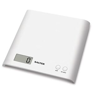 salter 1066 whdr15 arc kitchen scale – digital food weighing scales for precise cooking/baking, slim platform for compact storage, add & weigh/tare function, 3kg capacity, battery included, white