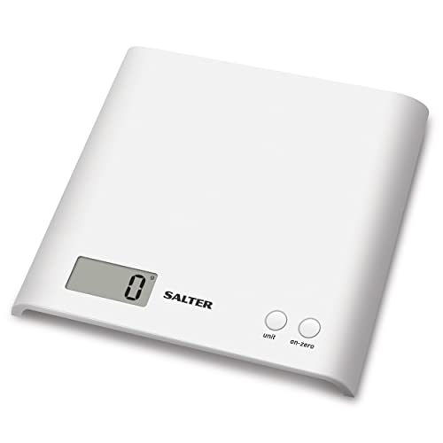 Salter 1066 WHDR15 Arc Kitchen Scale – Digital Food Weighing Scales for Precise Cooking/Baking, Slim Platform for Compact Storage, Add & Weigh/Tare Function, 3kg Capacity, Battery Included, White