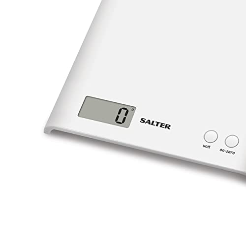 Salter 1066 WHDR15 Arc Kitchen Scale – Digital Food Weighing Scales for Precise Cooking/Baking, Slim Platform for Compact Storage, Add & Weigh/Tare Function, 3kg Capacity, Battery Included, White