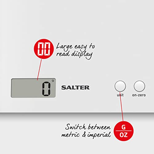 Salter 1066 WHDR15 Arc Kitchen Scale – Digital Food Weighing Scales for Precise Cooking/Baking, Slim Platform for Compact Storage, Add & Weigh/Tare Function, 3kg Capacity, Battery Included, White