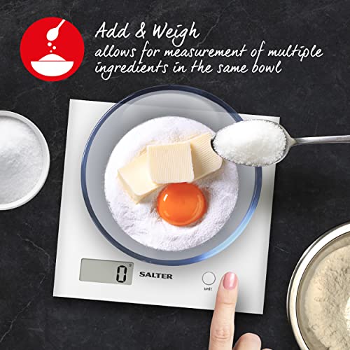 Salter 1066 WHDR15 Arc Kitchen Scale – Digital Food Weighing Scales for Precise Cooking/Baking, Slim Platform for Compact Storage, Add & Weigh/Tare Function, 3kg Capacity, Battery Included, White