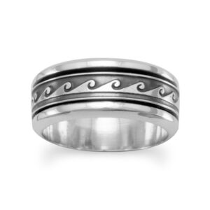 azurebella jewelry spin ring with wave design mens womens sizes antiqued sterling silver, 11