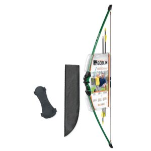 bear archery goblin bow set for youth, recommended ages 4-7, ambidextrous, continuous draw weight up to 15-18 lb., continuous draw length up to 22-24-inches