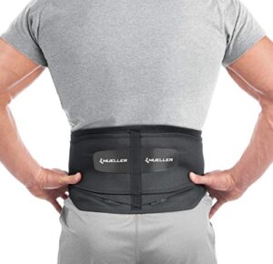 mueller sports medicine adjustable lumbar back brace with removable pad, back pain relief support for men and women, ideal for upper and lower back pain, sciatica, scoliosis, black, regular size