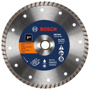 bosch db742c 7 in. premium turbo rim diamond blade with 7/8 in. diamond arbor knockout for smooth cut wet/dry cutting applications in concrete, masonry