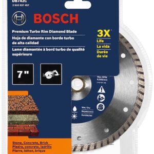 BOSCH DB742C 7 In. Premium Turbo Rim Diamond Blade with 7/8 In. Diamond Arbor Knockout for Smooth Cut Wet/Dry Cutting Applications in Concrete, Masonry