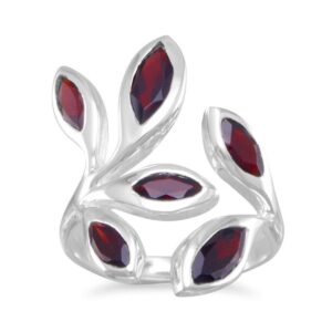 garnet marquise leaf sterling silver wrap around ring adjustable, 7