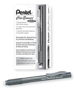 pentel clic eraser grip, retractable eraser, black barrel, box of 12 (ze22a)