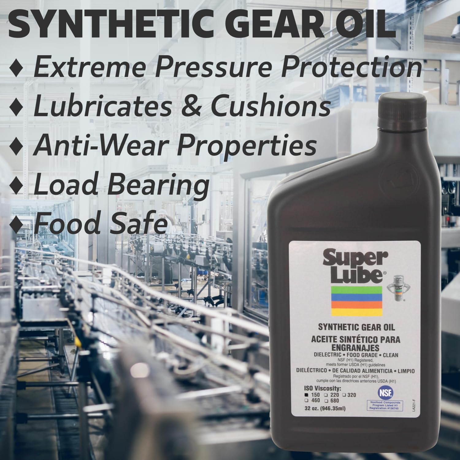 Super Lube Synthetic Gear Oil Hydraulic Grade (Translucent Amber, ISO 150-1qt Bottle) | NSF Certified Food Grade & Clean | Heavy Film Lubricates & Cushions