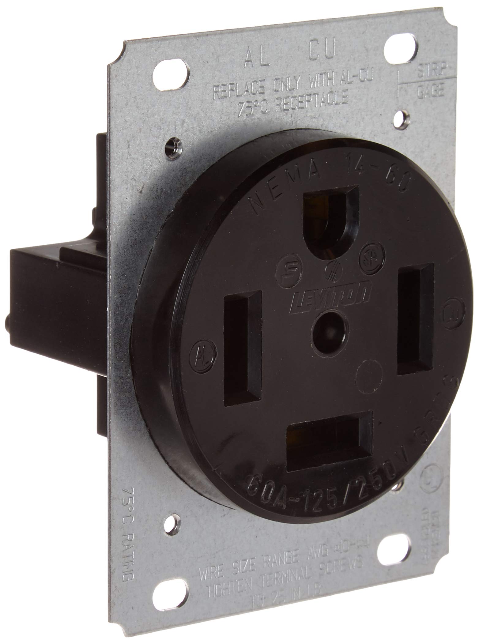 Leviton 9460 60 Amp, 125/250 Volt, Flush Mounting, Receptacle, Straight Blade, Industrial Grade, Grounding, Black