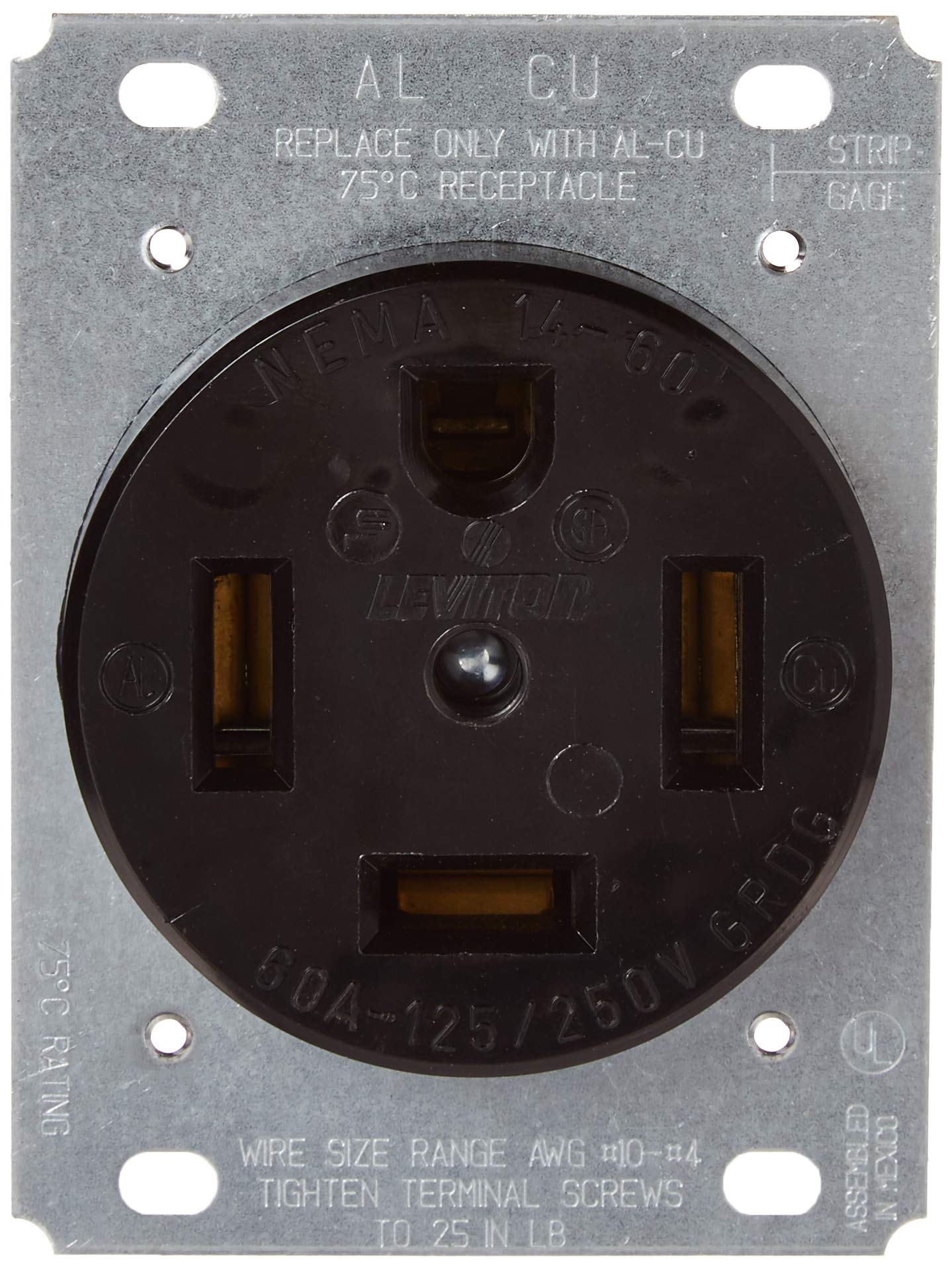 Leviton 9460 60 Amp, 125/250 Volt, Flush Mounting, Receptacle, Straight Blade, Industrial Grade, Grounding, Black