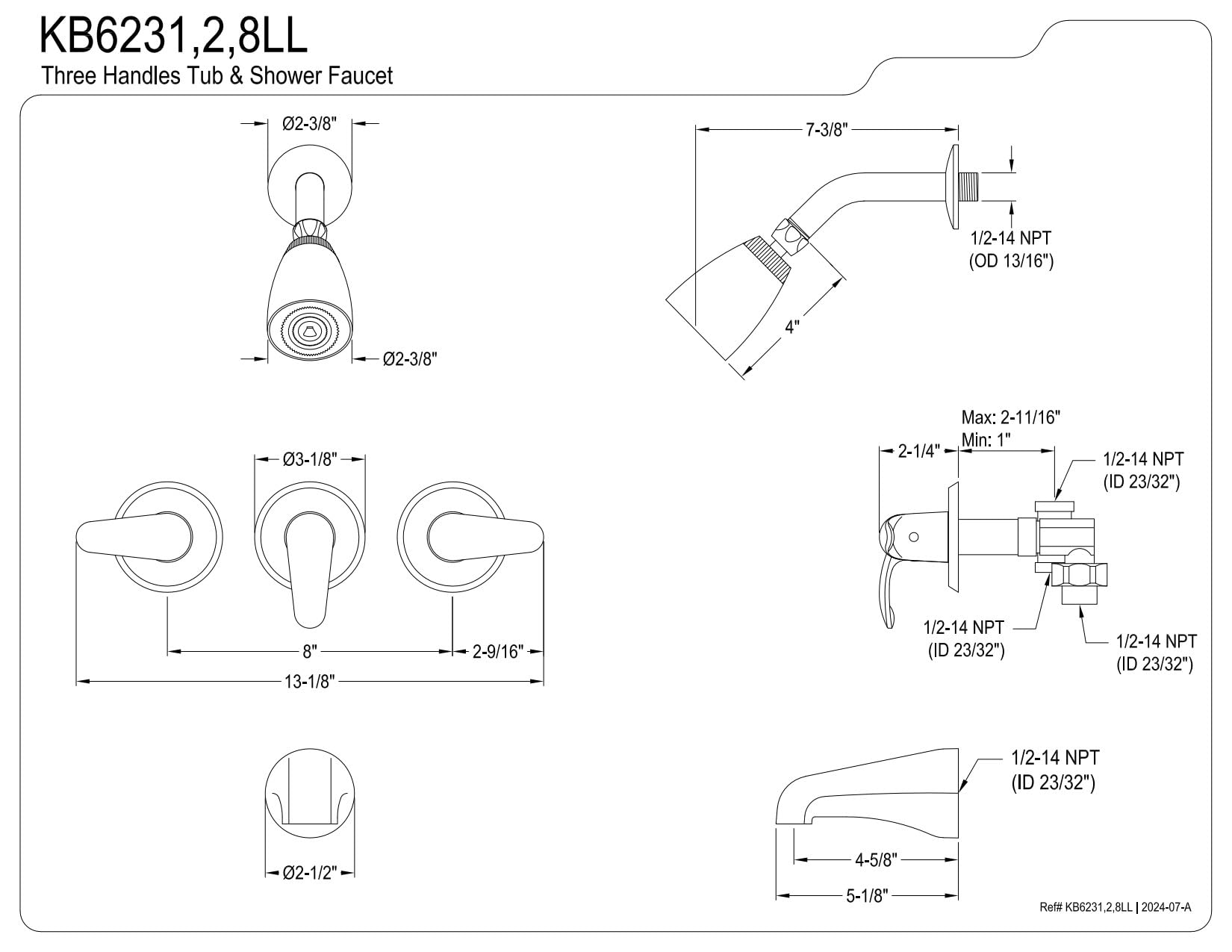 Kingston Brass KB6231LL Legacy Tub and Shower Faucet, Polished Chrome,5-Inch Spout Reach