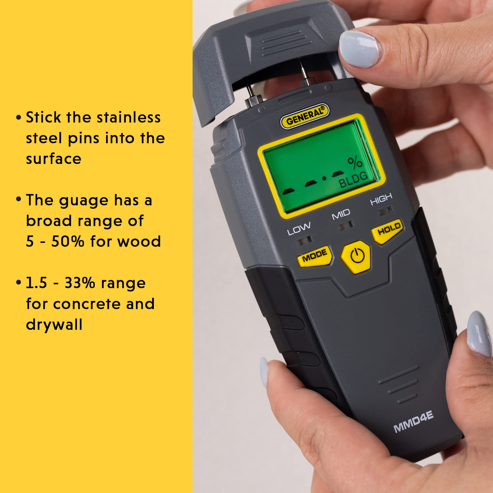 General Tools MMD4E Digital Moisture Meter, Water Leak Detector, Moisture Tester, Pin Type, Backlit LCD Display With Audible and Visual High-Medium-Low Moisture Content Alerts, Grays