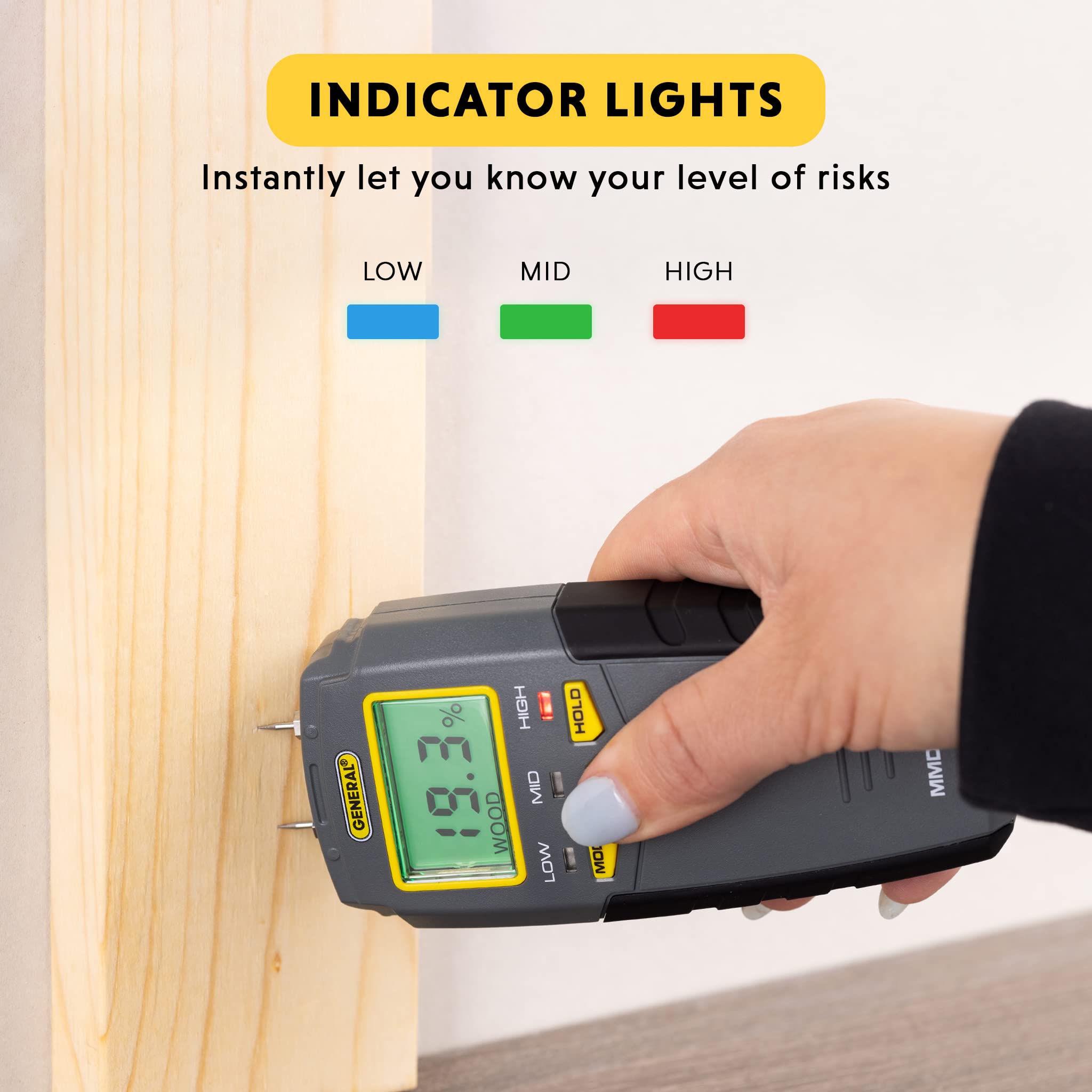 General Tools MMD4E Digital Moisture Meter, Water Leak Detector, Moisture Tester, Pin Type, Backlit LCD Display With Audible and Visual High-Medium-Low Moisture Content Alerts, Grays