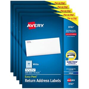 avery mailing address labels, inkjet printers, 10,000 labels, 1/2 x 1-3/4, permanent adhesive, easy peel (5 packs 8167)