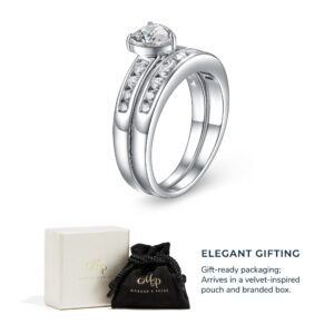 MORGAN & PAIGE Bridal Ring Set - Channel-Set Heart Shaped Cubic Zirconia - 925 Platinum Plated Sterling Silver Wedding and Engagement Ring Set For Women - Size 7