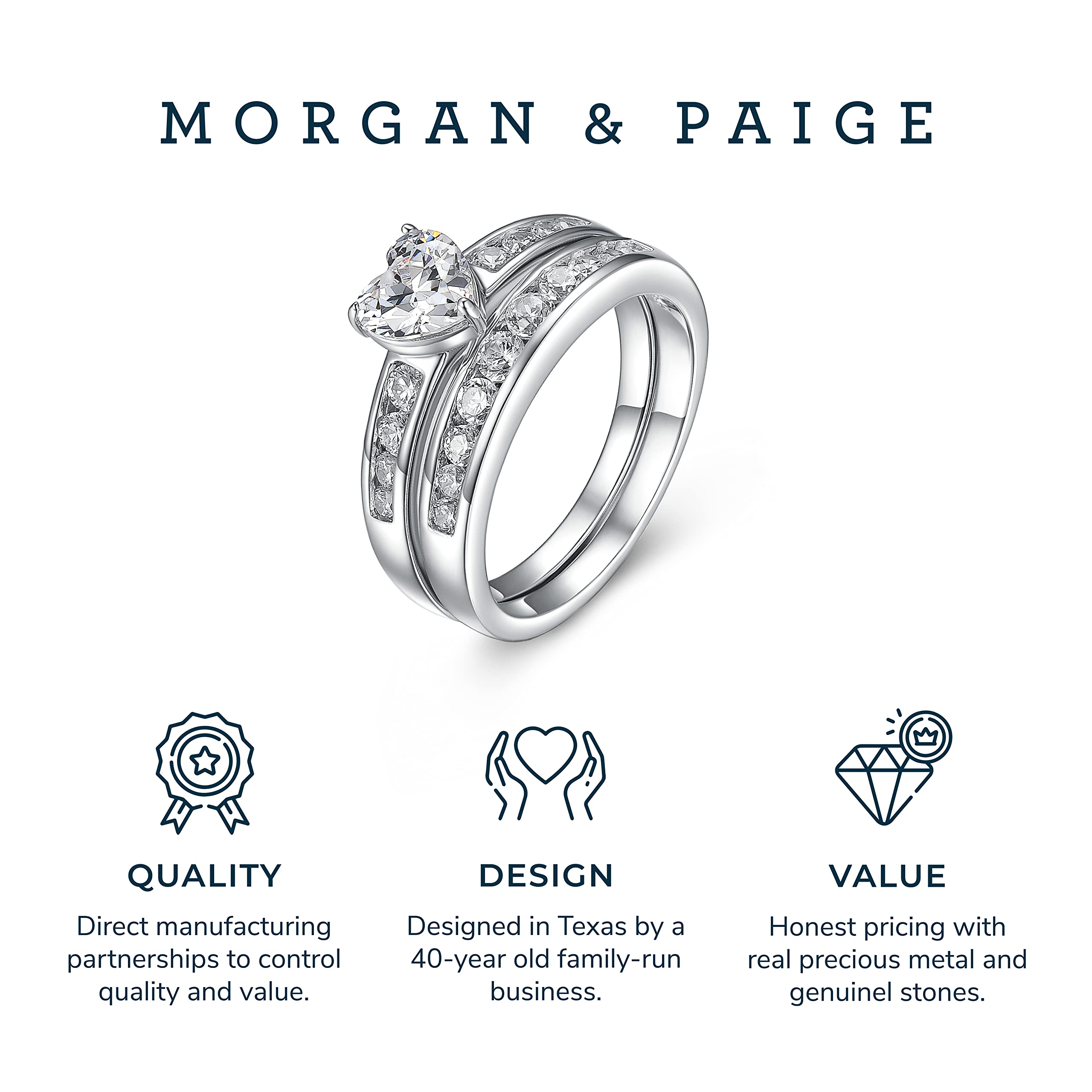 MORGAN & PAIGE Bridal Ring Set - Channel-Set Heart Shaped Cubic Zirconia - 925 Platinum Plated Sterling Silver Wedding and Engagement Ring Set For Women - Size 7