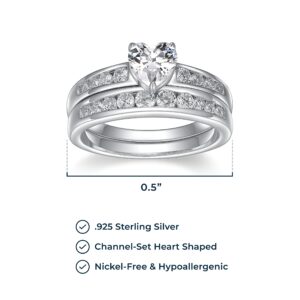 MORGAN & PAIGE Bridal Ring Set - Channel-Set Heart Shaped Cubic Zirconia - 925 Platinum Plated Sterling Silver Wedding and Engagement Ring Set For Women - Size 7