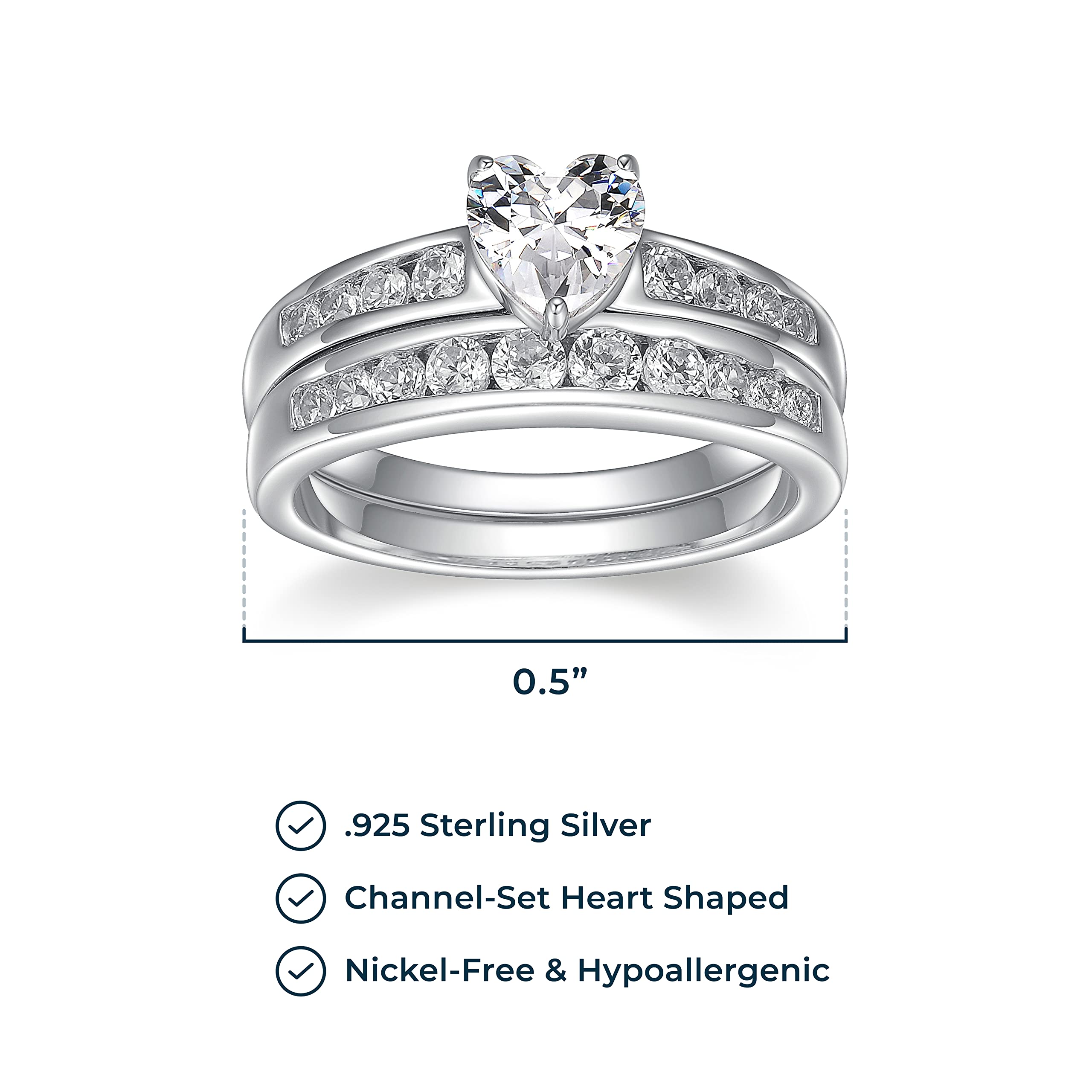 MORGAN & PAIGE Bridal Ring Set - Channel-Set Heart Shaped Cubic Zirconia - 925 Platinum Plated Sterling Silver Wedding and Engagement Ring Set For Women - Size 7