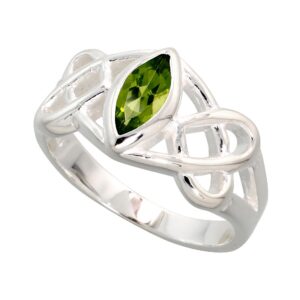 sterling silver celtic motherhood knot ring with natural peridot, 3/8 inch wide, size 9