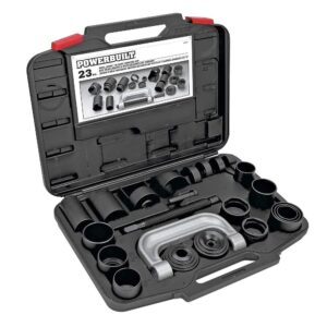 powerbuilt ball and u joint service set, 23 piece tool kit, remove and install ball joints, receiving tube, adapters, sockets - 648617