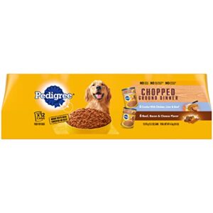 pedigree chopped ground dinner adult canned soft wet dog food combo with chicken, liver & beef and beef, bacon & cheese flavor variety pack, 13.2 oz. cans (pack of 12)