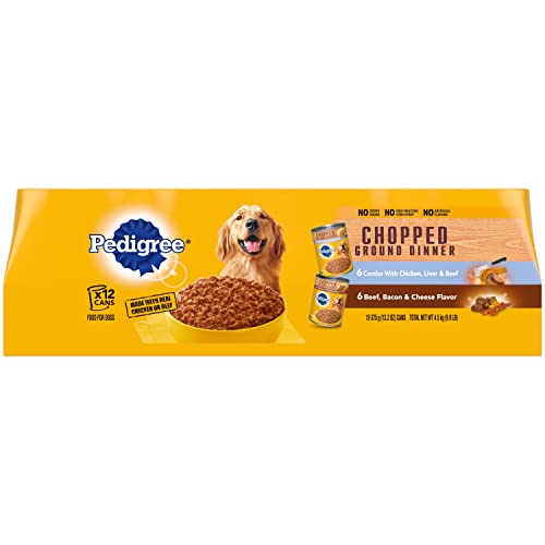 PEDIGREE CHOPPED GROUND DINNER Adult Canned Soft Wet Dog Food Combo with Chicken, Liver & Beef and Beef, Bacon & Cheese Flavor Variety Pack, 13.2 oz. Cans (Pack of 12)