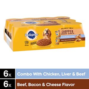 PEDIGREE CHOPPED GROUND DINNER Adult Canned Soft Wet Dog Food Combo with Chicken, Liver & Beef and Beef, Bacon & Cheese Flavor Variety Pack, 13.2 oz. Cans (Pack of 12)