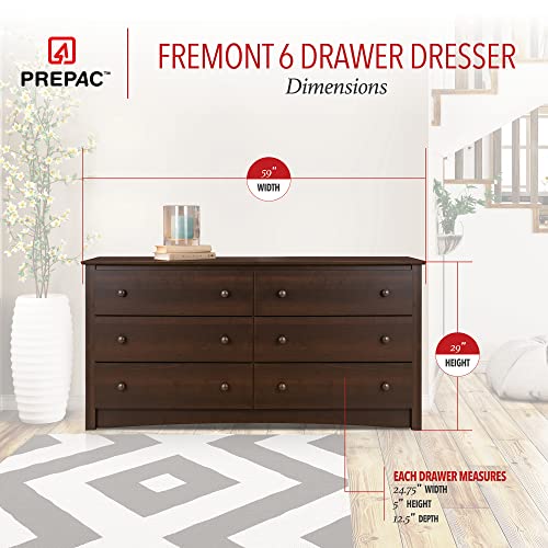 Prepac Fremont Bedroom Furniture: Espresso Double Dresser for Bedroom, 6-Drawer Wide Chest of Drawers, Traditional Bedroom Dresser, EDC-6330-V, 59"W x 17.5"D x 29"H