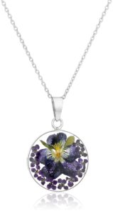 amazon essentials sterling silver dark blue pressed flower round pendant necklace, 16' (previously amazon collection)